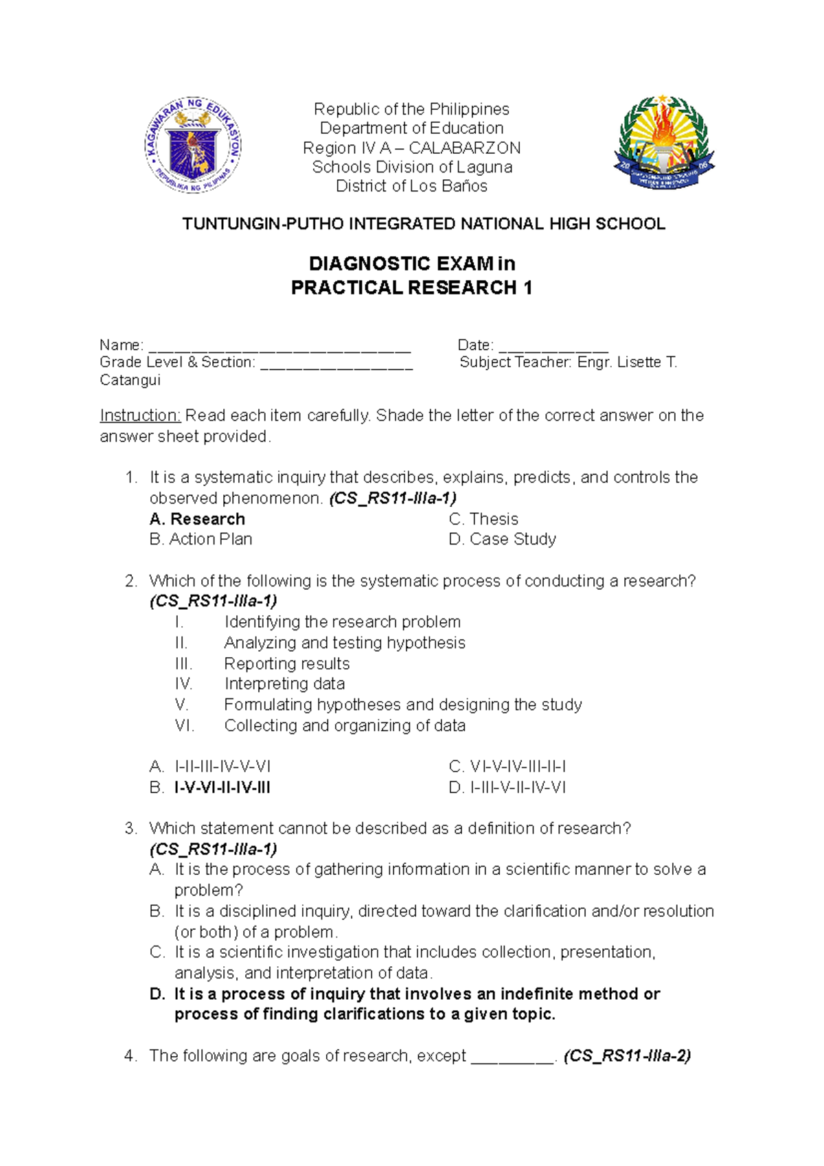 PR1 Diagnostic Exam - Republic of the Philippines Department of ...