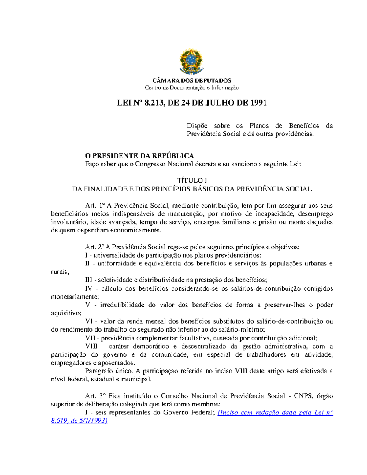 Lei 8213-1991 norma atualizada-pl - CÂMARA DOS DEPUTADOS Centro de ...