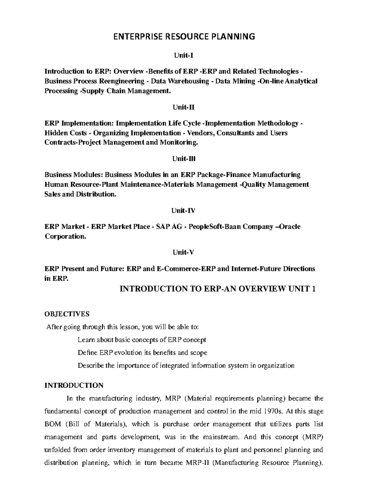ERP Notes - ENTERPRISE RESOURCE PLANNING Unit-I Introduction to ERP ...