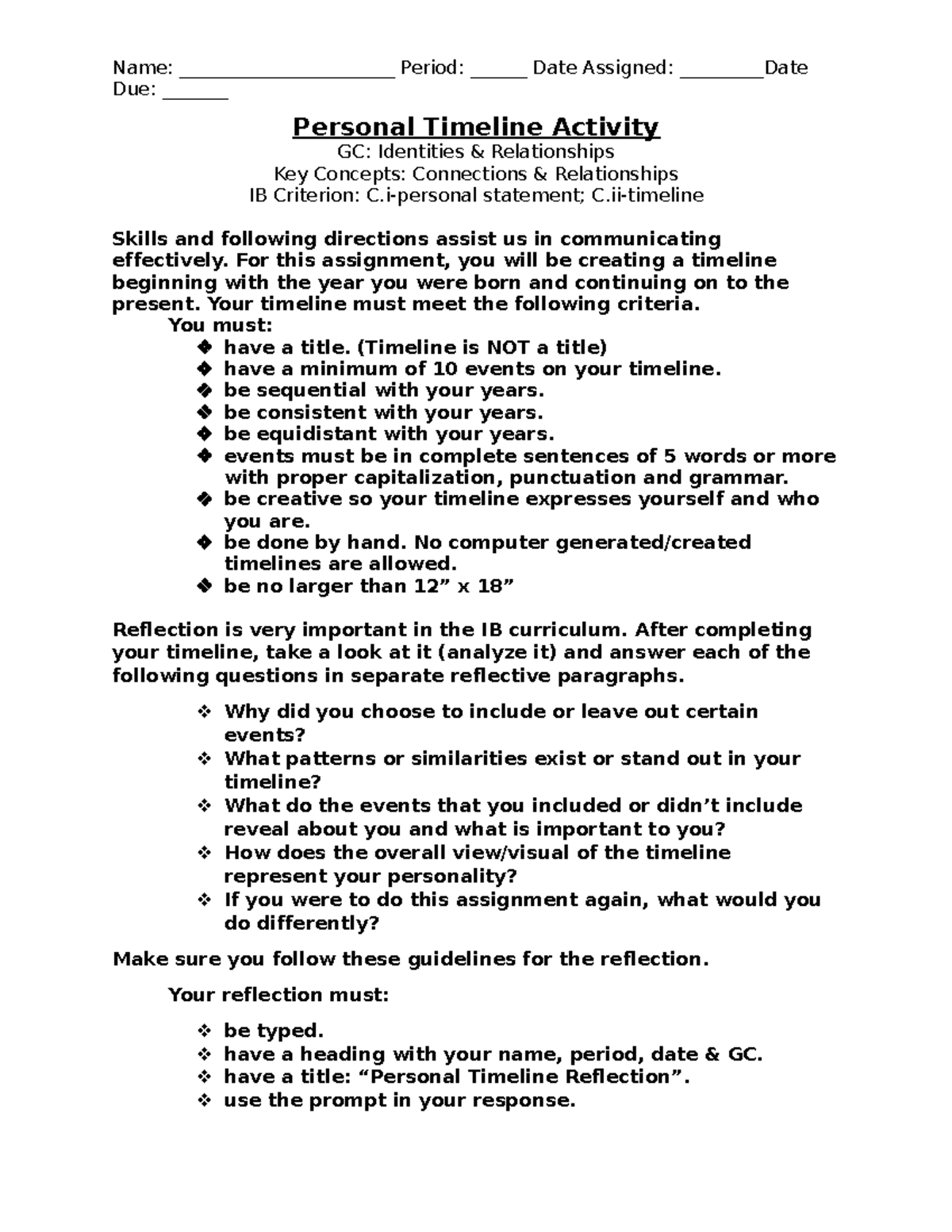 Personal Timeline Activity - Name: _______________________ Period ...