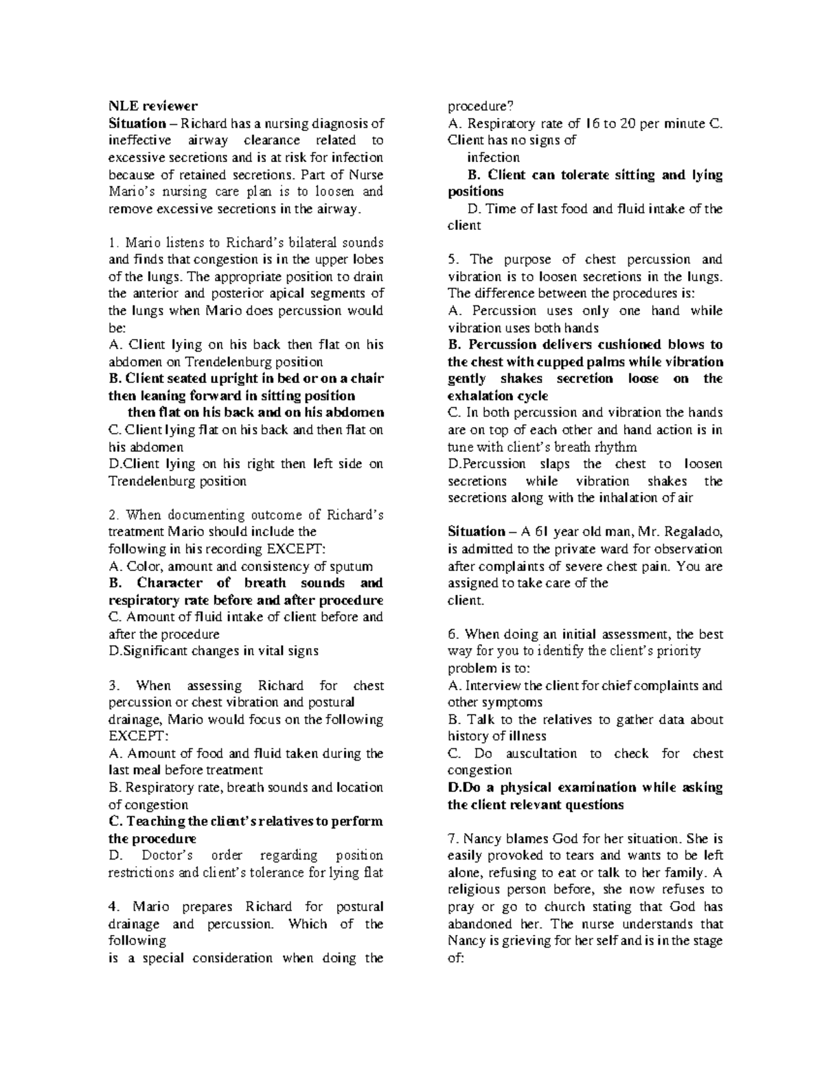 NLE- Reviewer - Nursing Notes - NLE reviewer Situation – Richard has a ...