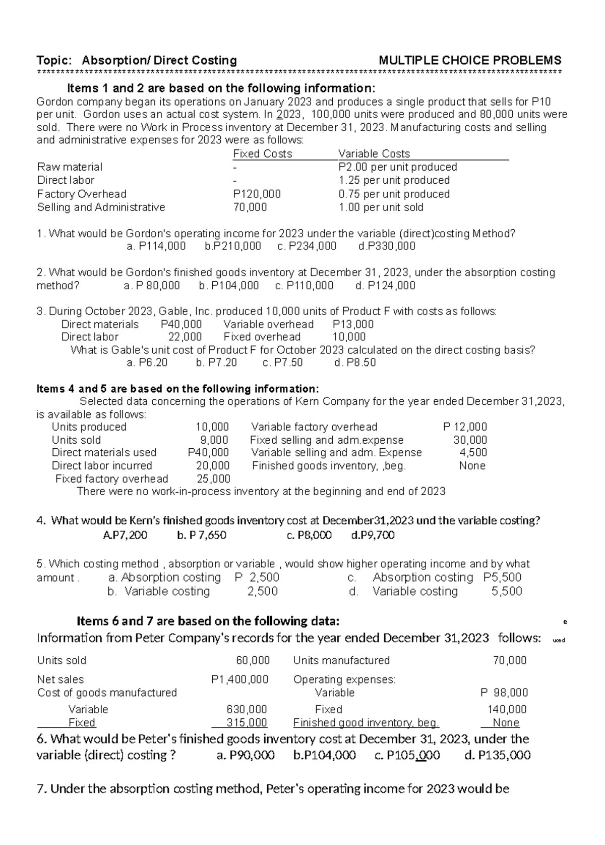 Direct Costing Multiple Choice Problems - Topic: Absorption/ Direct Costing MULTIPLE CHOICE ...