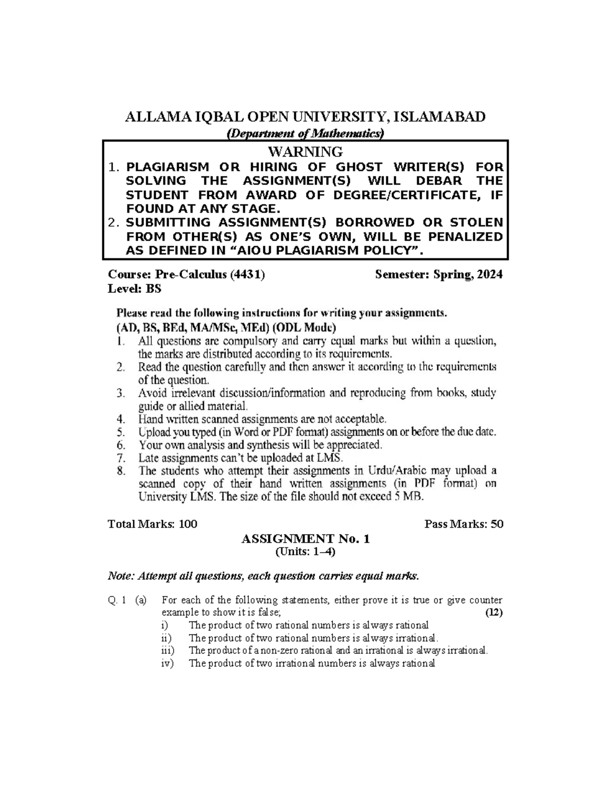 Pre calcules 4431 - 4431 pre calculus - ALLAMA IQBAL OPEN UNIVERSITY ...