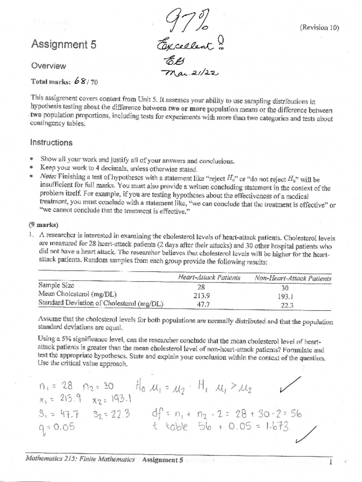 MATH 215 Assignment 5: 97% with workings out and corrections - Math 215 ...