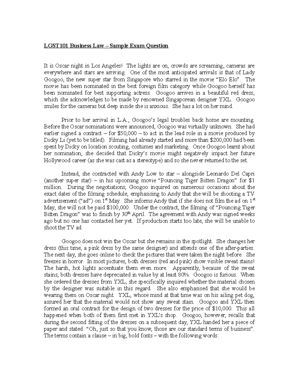 Past Year Biz Law Exam Questions Set 2 - LGST101 Business Law – Sample ...