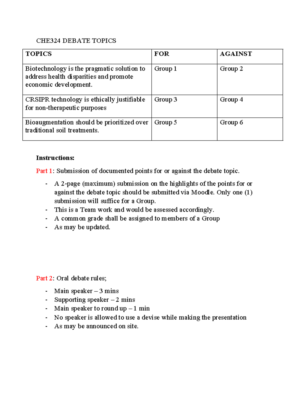 CHE324 Debate Topics - CHE324 DEBATE TOPICS TOPICS FOR AGAINST ...