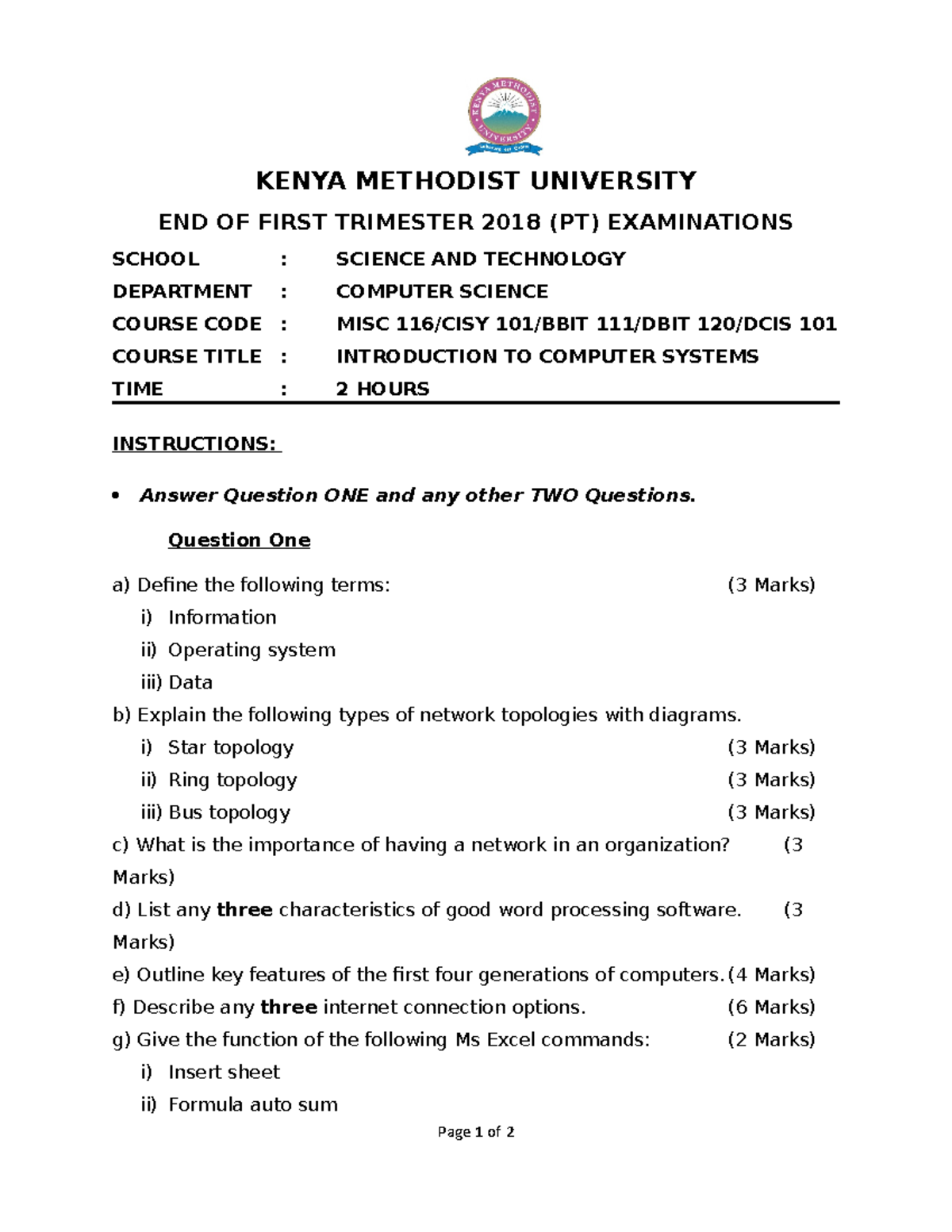 Introduction to computer systems for 1st trimester - KENYA METHODIST ...