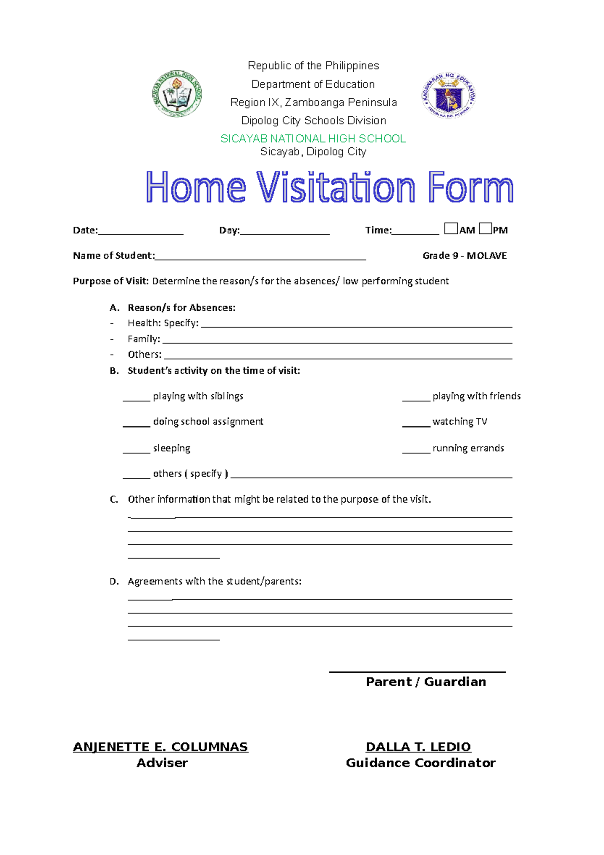 (A4) Home Visitation Form Blank - Republic of the Philippines ...