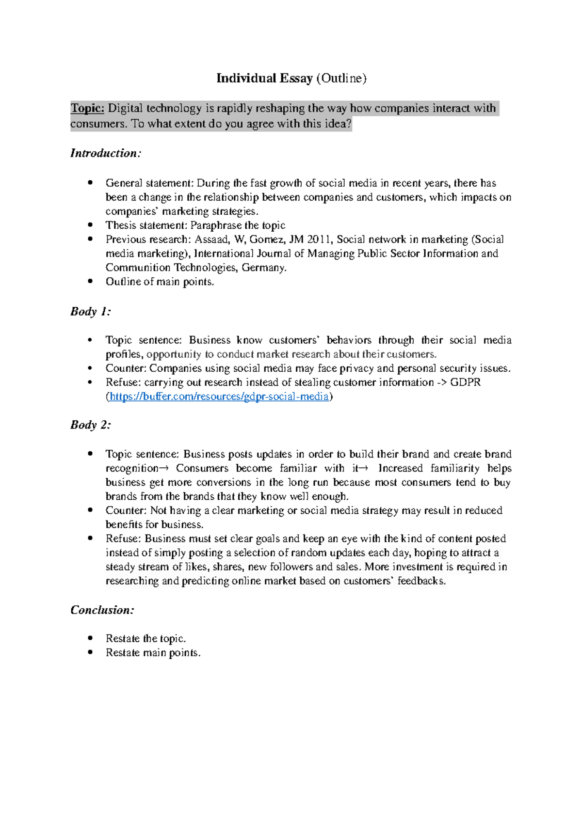 Individual Essay Outline 1 - Individual Essay ( Outline) Topic: Digital ...