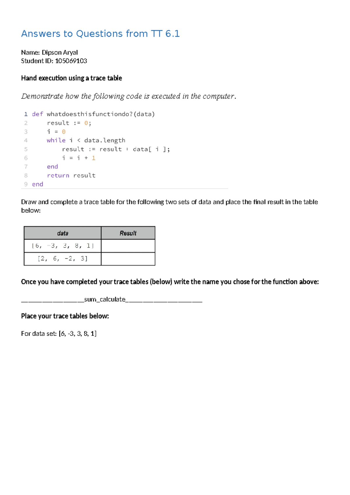 Tutorial Task - Hand execution - Arrays - Answers to Questions from TT ...