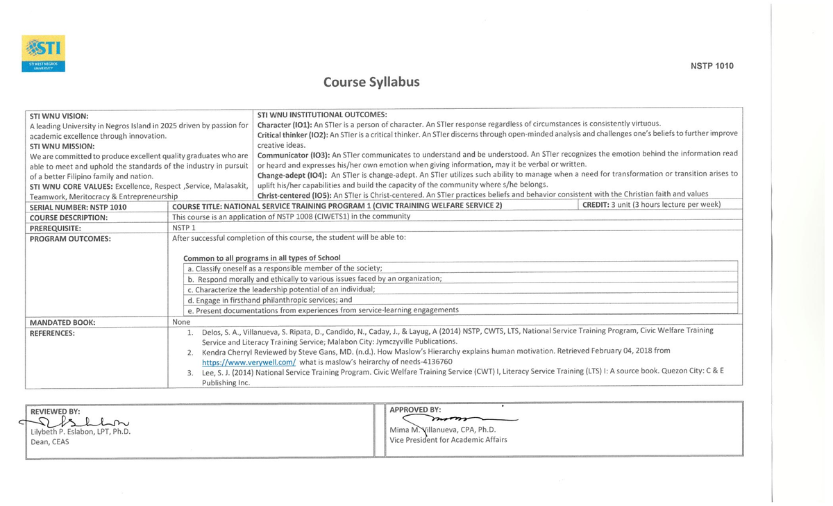 NSTP 2 - syllabus - Electrical Engineering - Studocu
