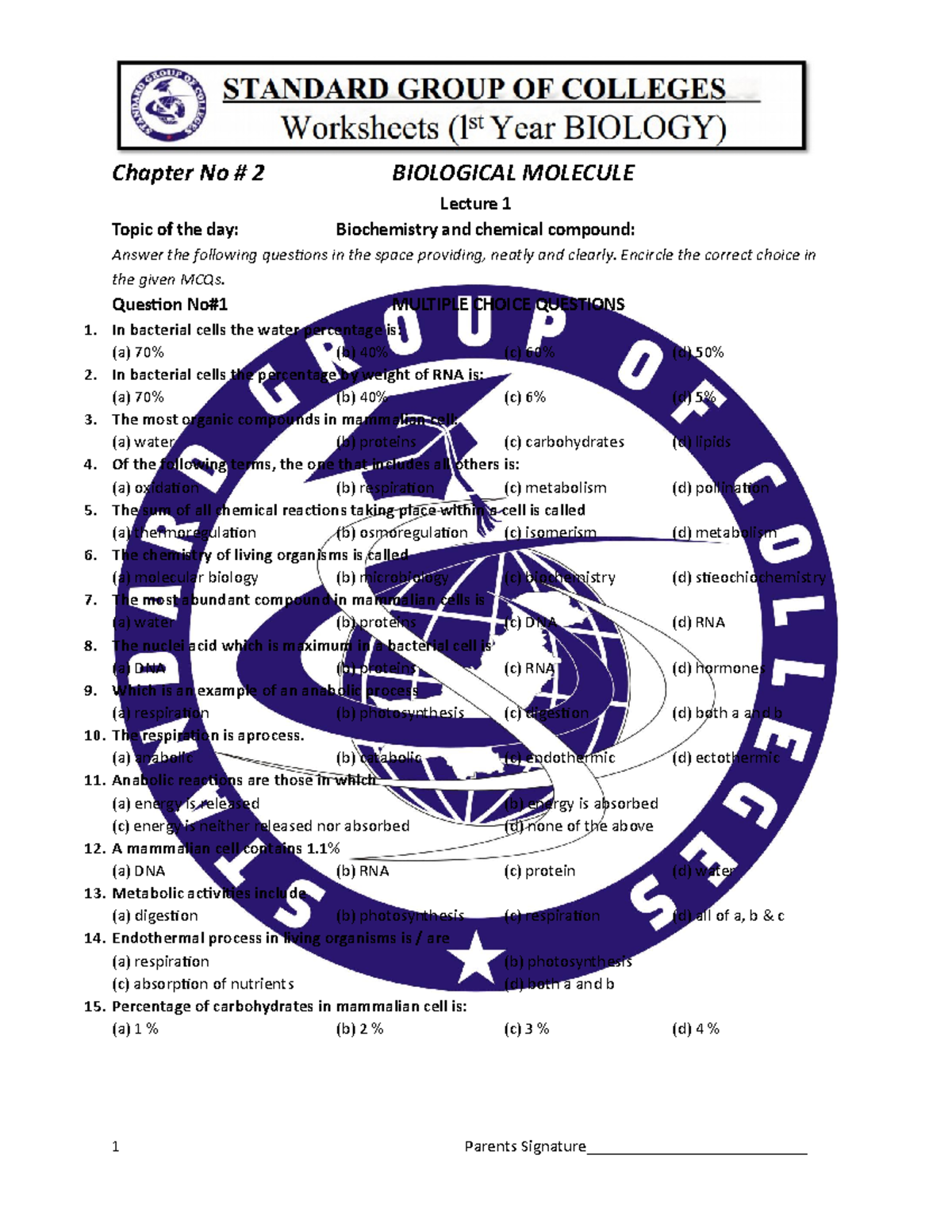 Biology worksheet(2nd ch) - Chapter No # 2 BIOLOGICAL MOLECULE Lecture ...