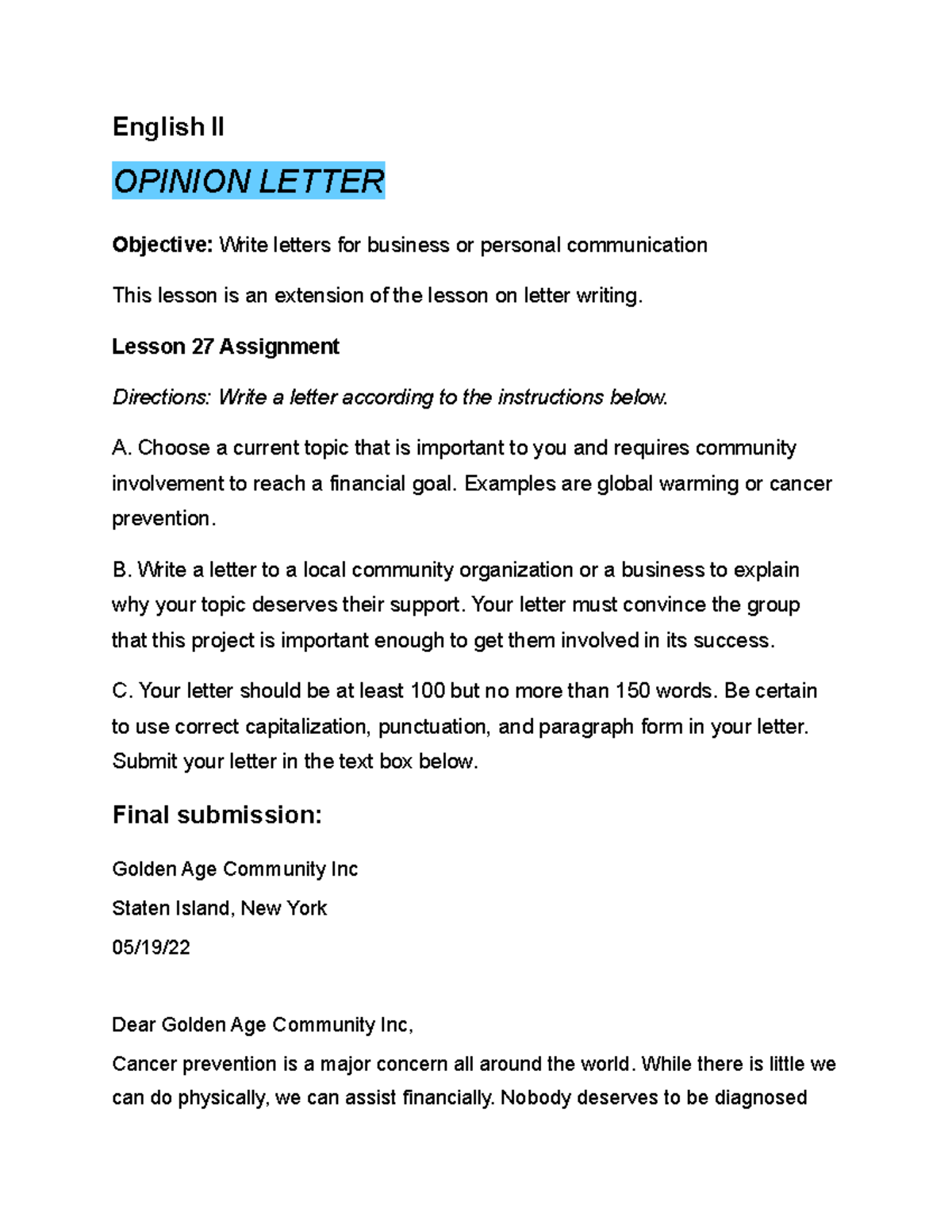 English 2 letter writing 3 - English II OPINION LETTER Objective: Write ...