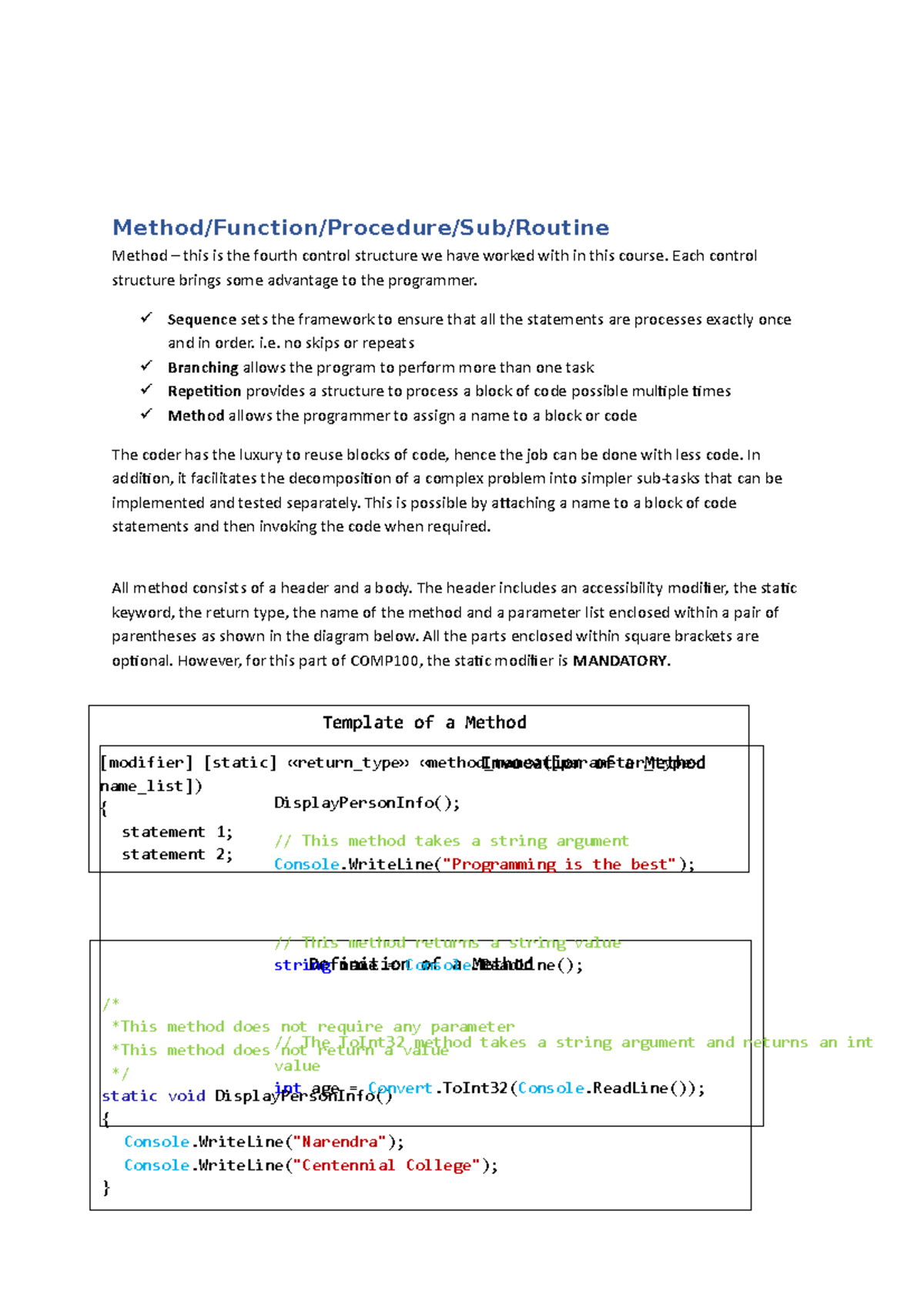 Double quiz - Method/Function/Procedure/Sub/Routine Method – this is the fourth control ...