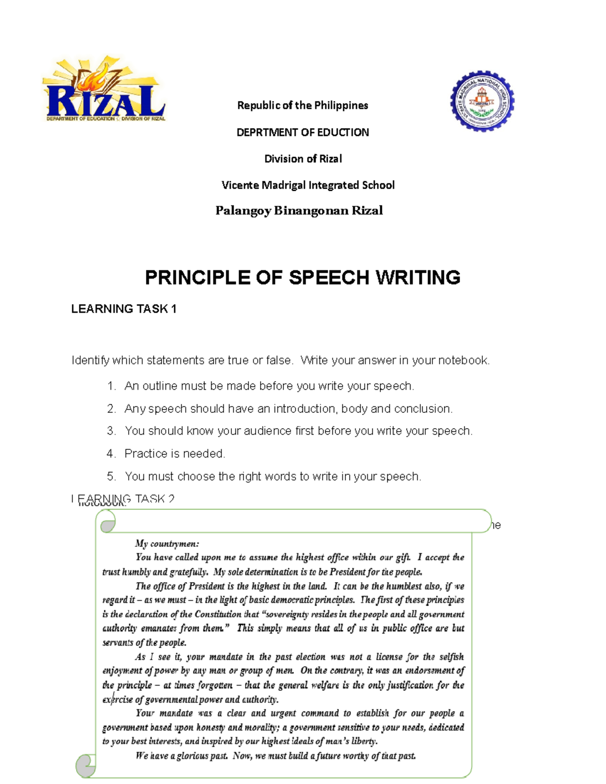 WEEK-7- Activities Principle of Speech Writing - Republic of the ...