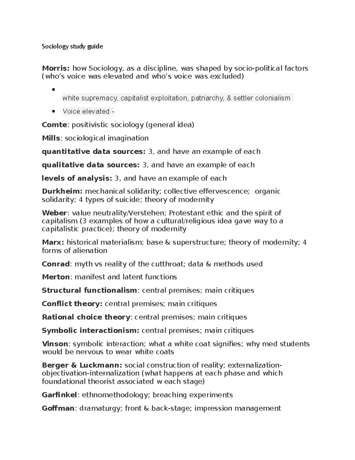 Sociology study guide - Sociology study guide Morris: how Sociology, as ...