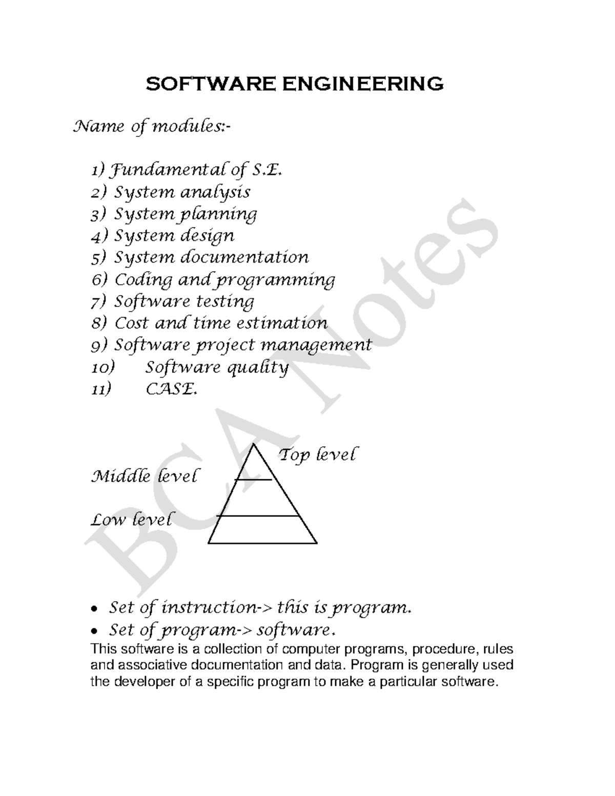 Software Engineering - Bca - SOFTWARE ENGINEERING Name of modules:- 1) Fundamental of S. 2 ...