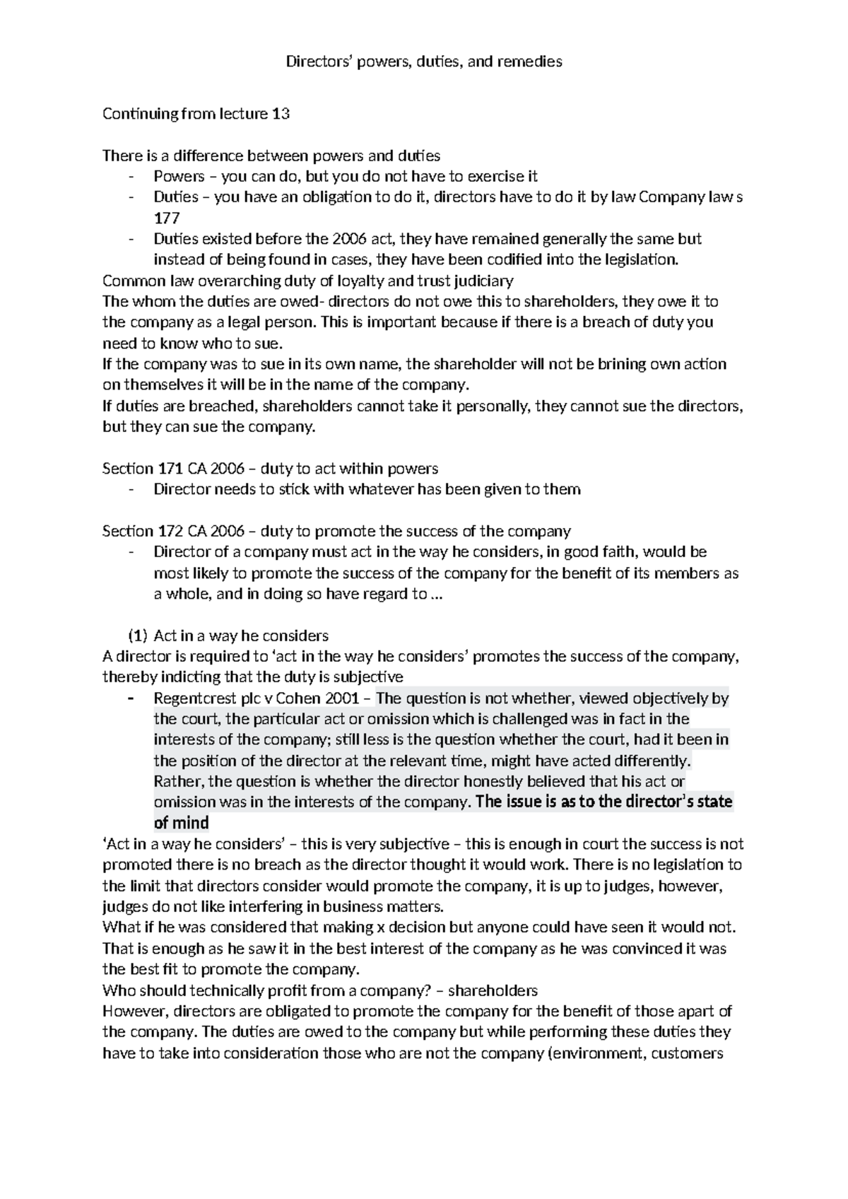 Directors' powers, duties, and remedies - Directors’ powers, duties, and remedies Continuing ...