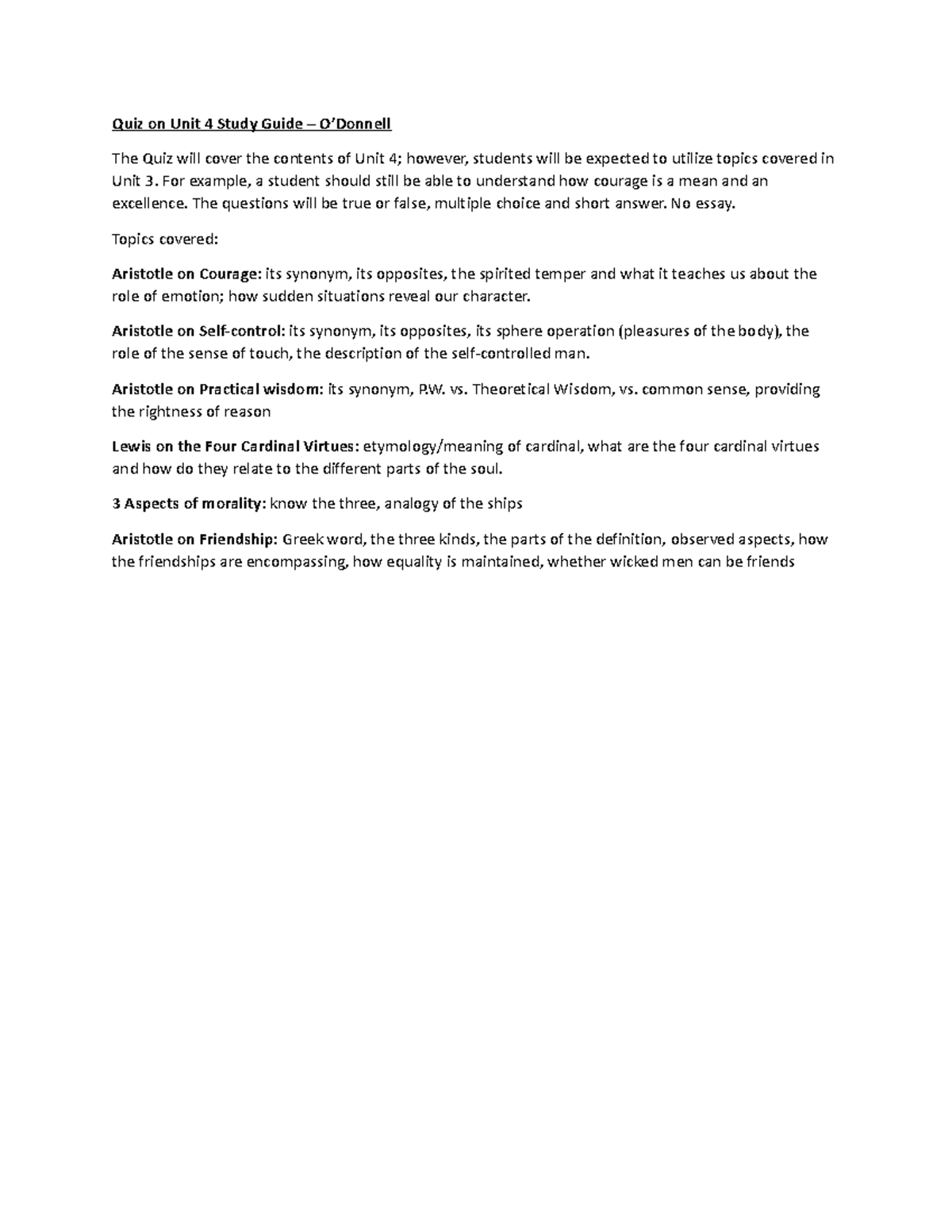 Study guide Unit 4 - Quiz on Unit 4 Study Guide – O’Donnell The Quiz ...