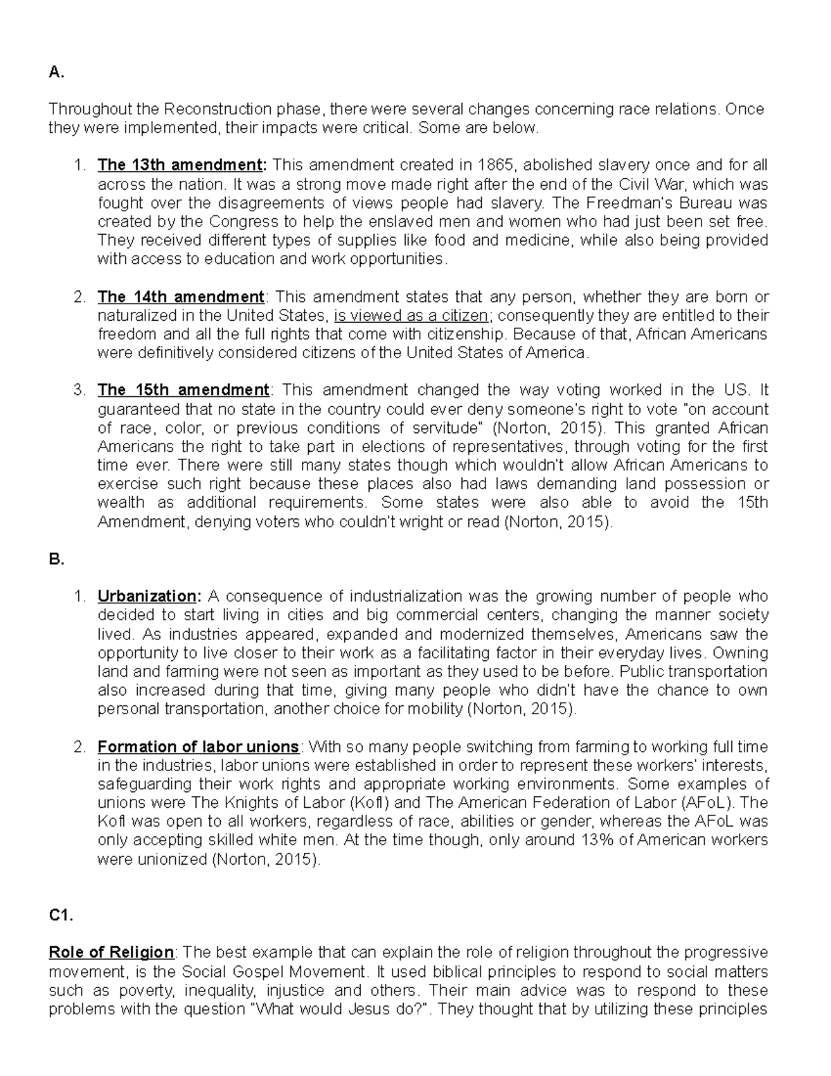 C121 US History Task 3 - A. Throughout the Reconstruction phase, there ...