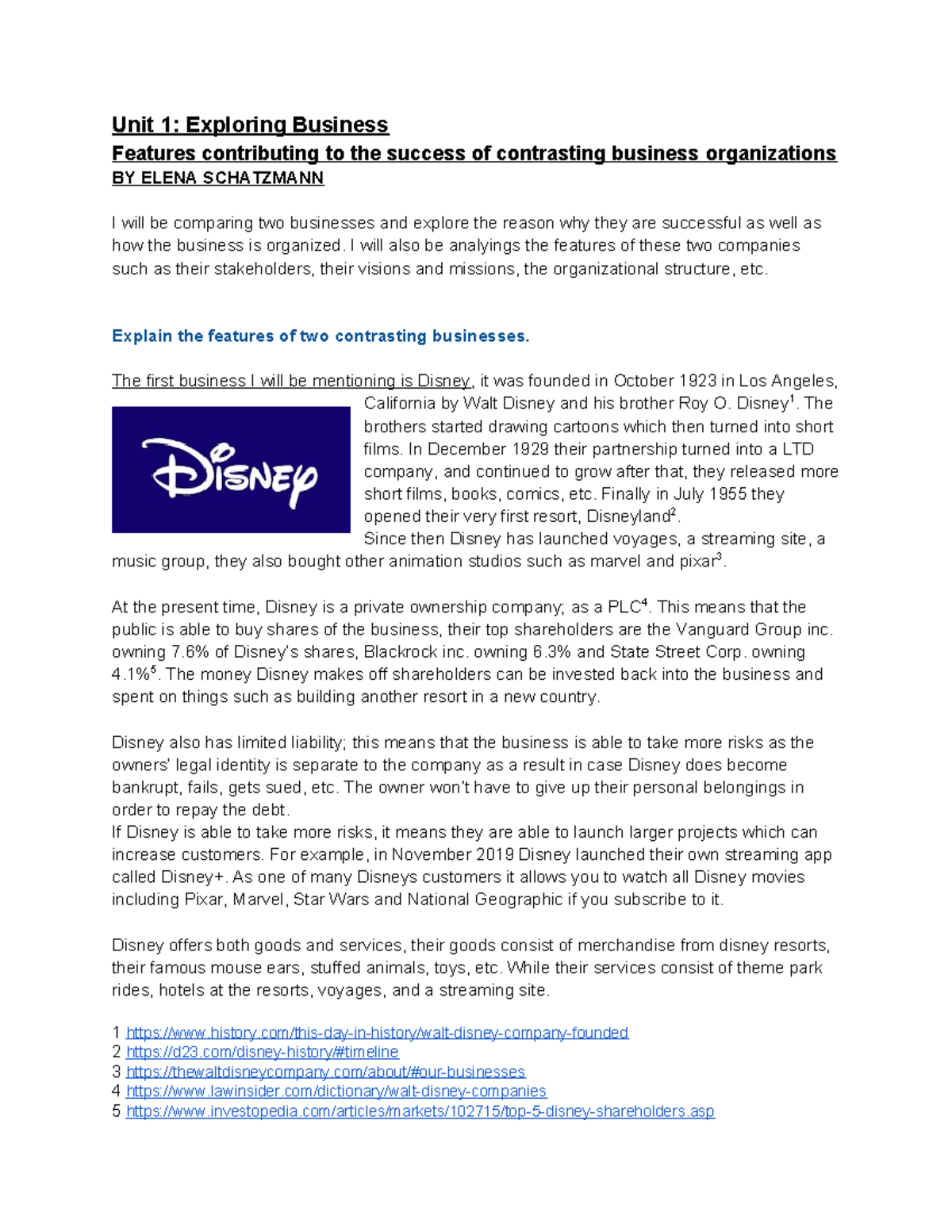 Business BTEC Unit 1 exploring a business - Unit 1: Exploring Business Features contributing to ...