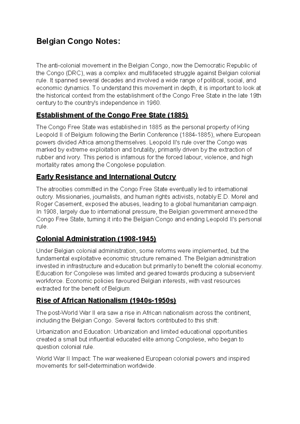 Belgian Congo Notes - Summary Political Studies - Belgian Congo Notes ...