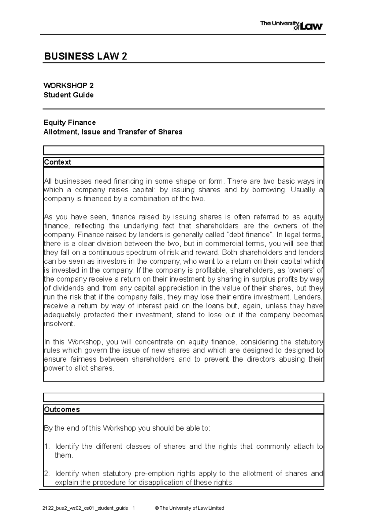 BL WS2 - BUSINESS LAW 2 WORKSHOP NOTES - BUSINESS LAW 2 WORKSHOP 2 ...