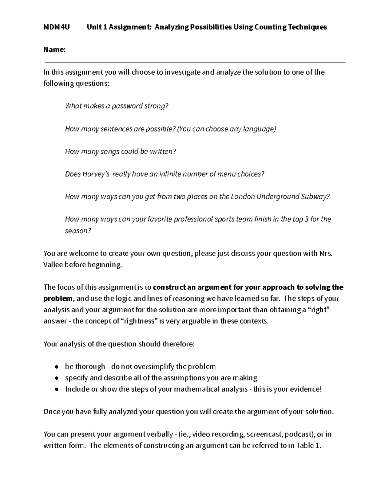 MDM4U Unit 1 Assignment - Vallee before beginning. The focus of this assignment is to construct ...