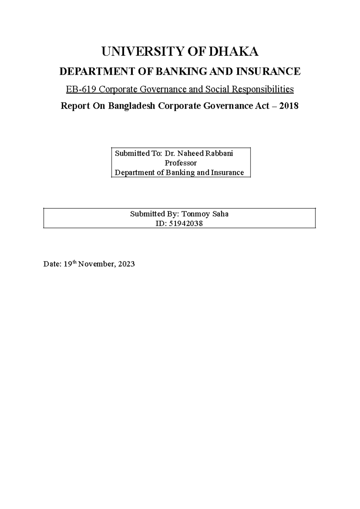 Corporate Governance Act 2018 - Naheed Rabbani Professor Department of Banking and Insurance ...
