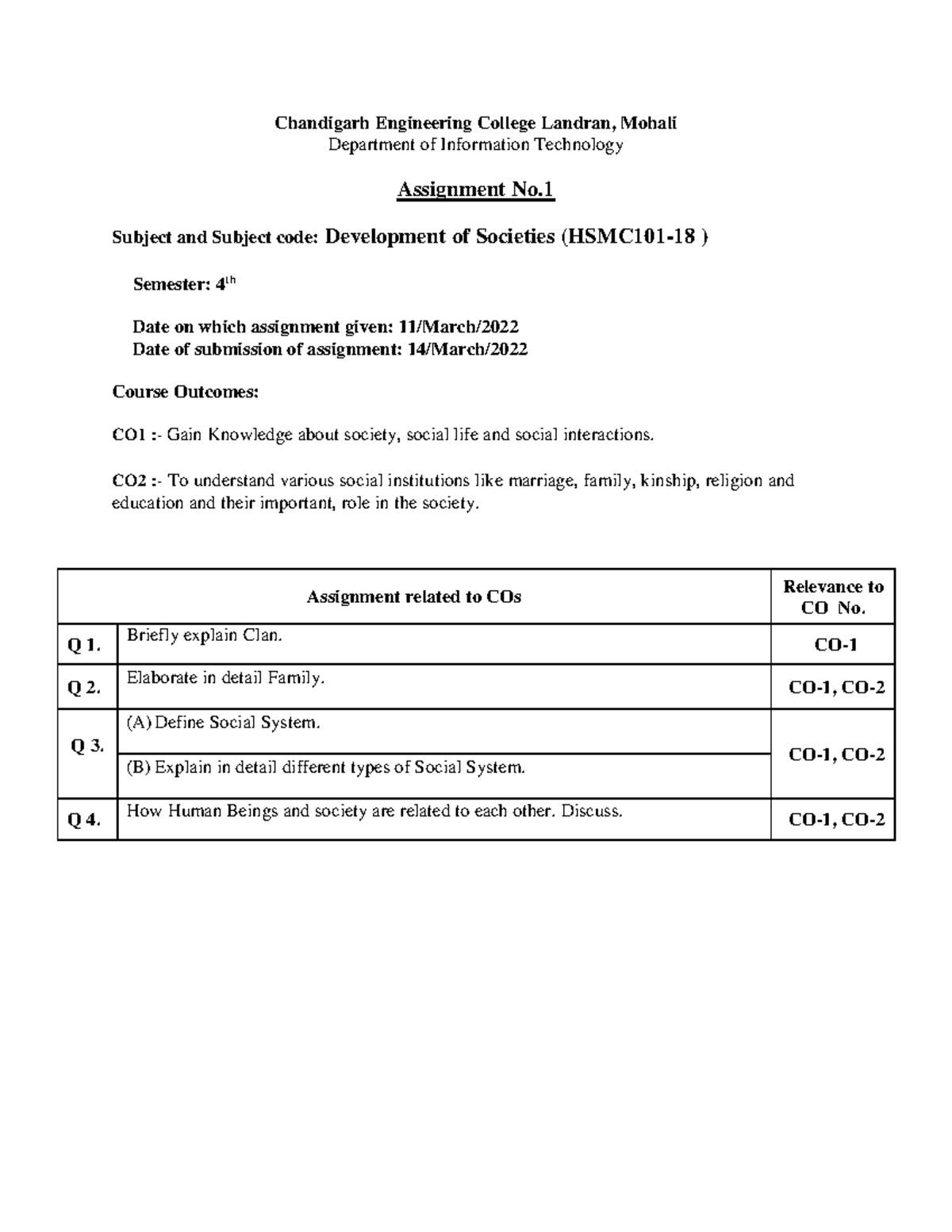 Assignment No - 1 (DOS) - Good - Chandigarh Engineering College Landran, Mohali Department of ...