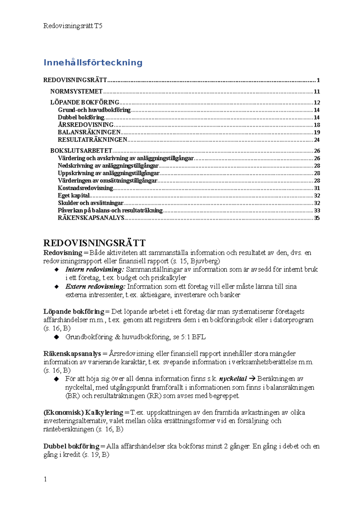 Redovisningsrätt - Innehållsförteckning - Studocu