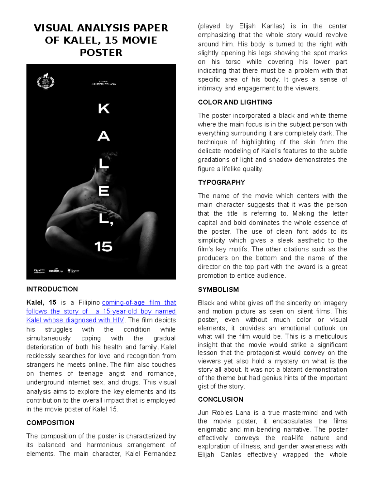 Visual Analysis Paper OF Kalel - VISUAL ANALYSIS PAPER OF KALEL, 15 ...
