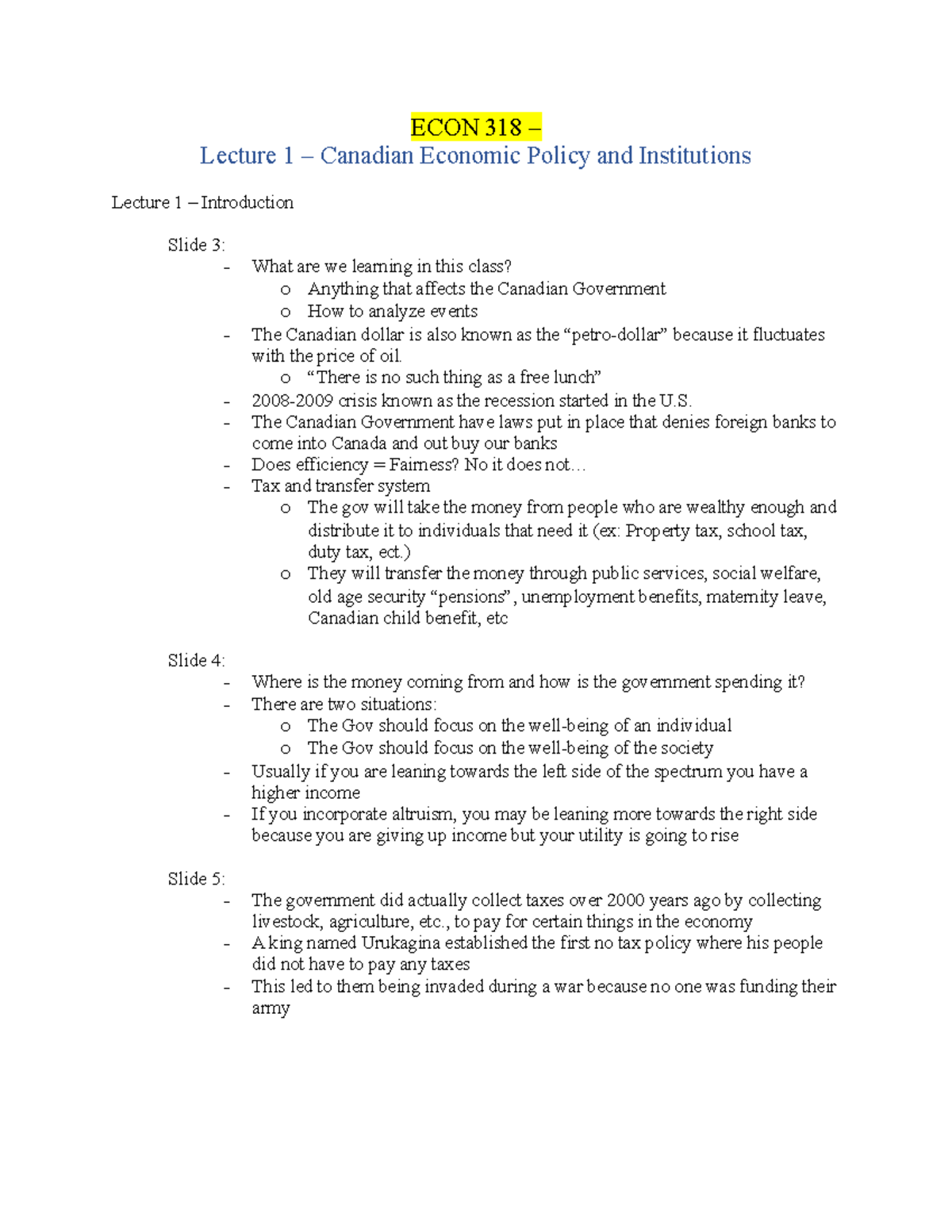 ECON 318 - Class Notes - ECON 318 – Lecture 1 – Canadian Economic ...