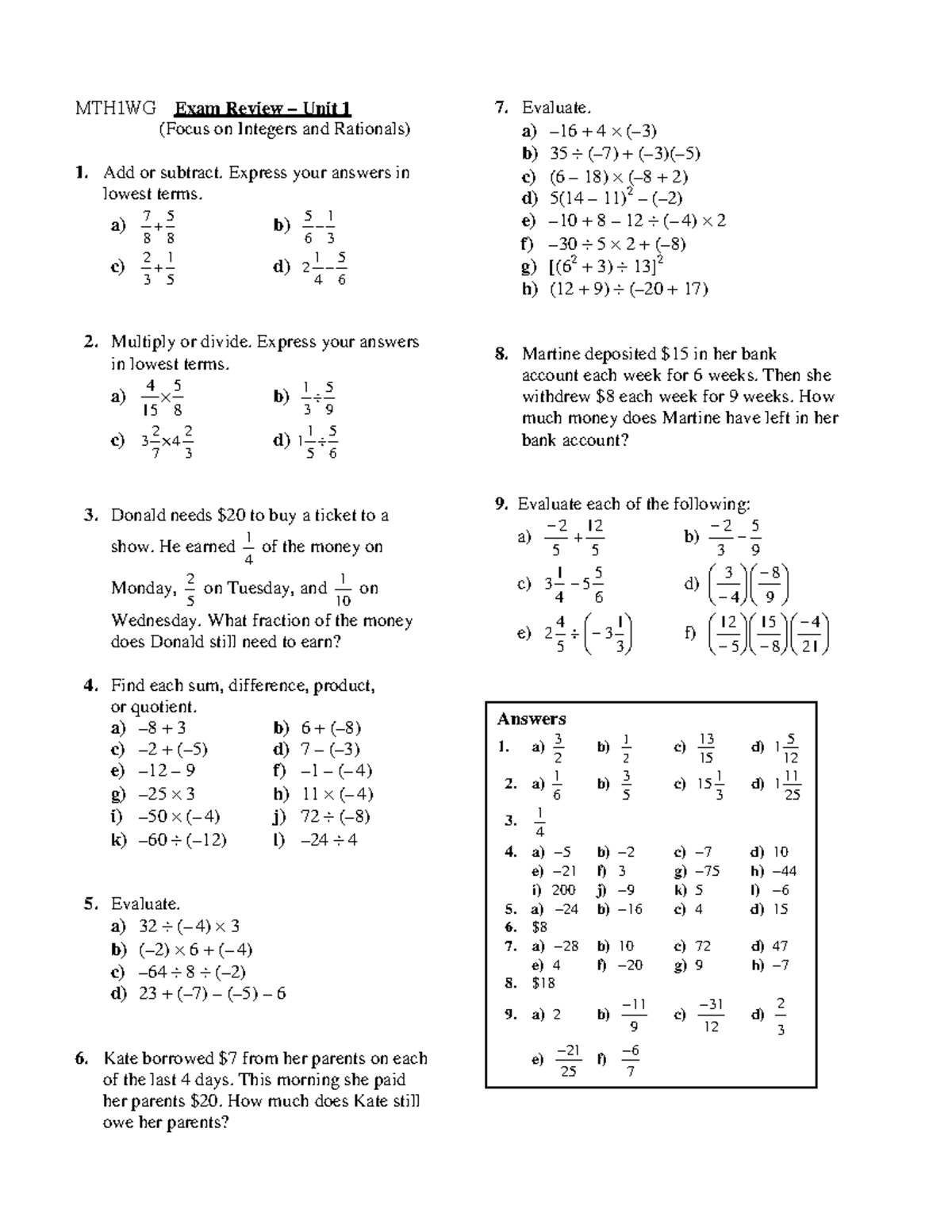 MTH1W Exam Review WS - MTH1WG Exam Review – Unit 1 (Focus on Integers ...