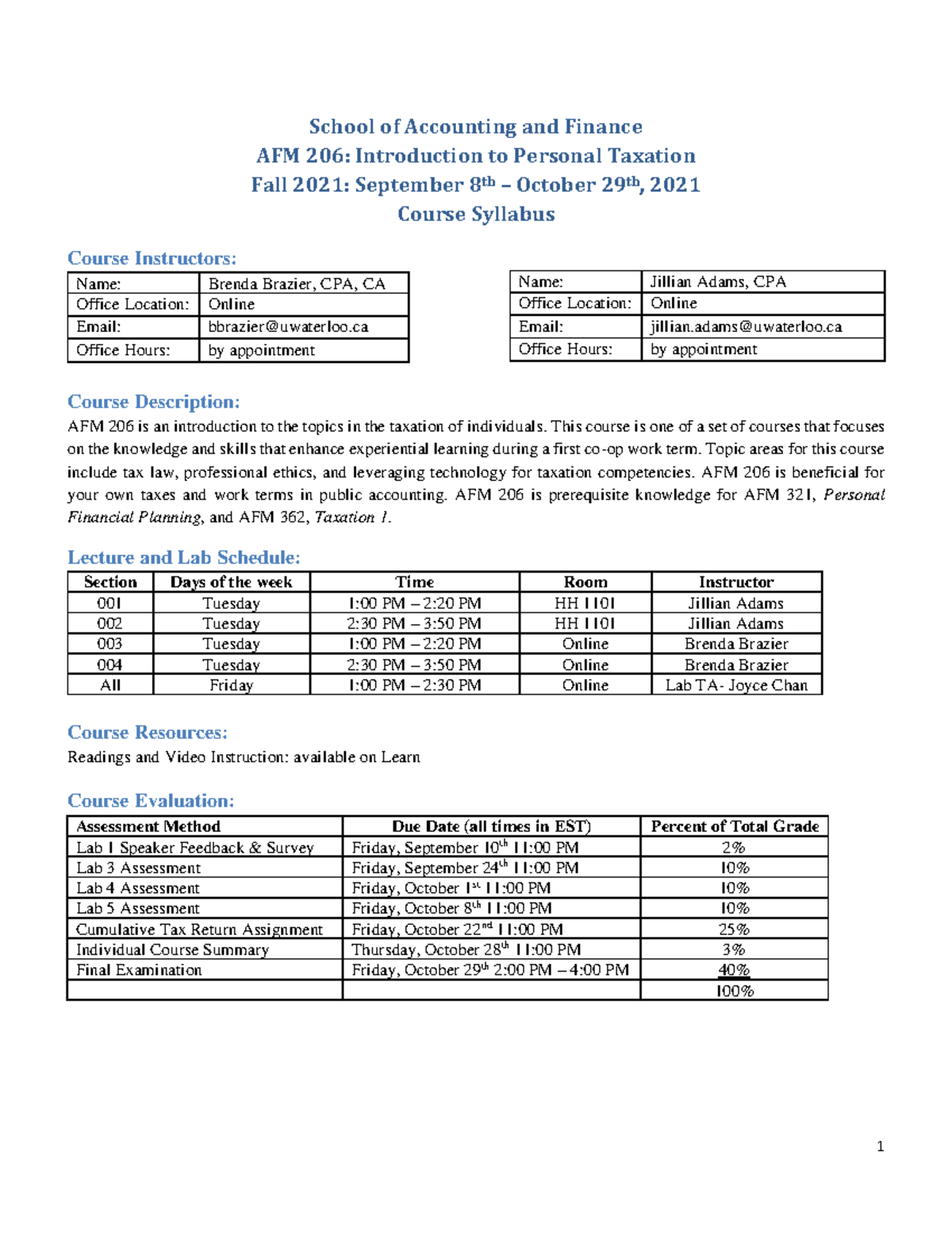 AFM 206 Syllabus F21 - School of Accounting and Finance AFM 206 ...