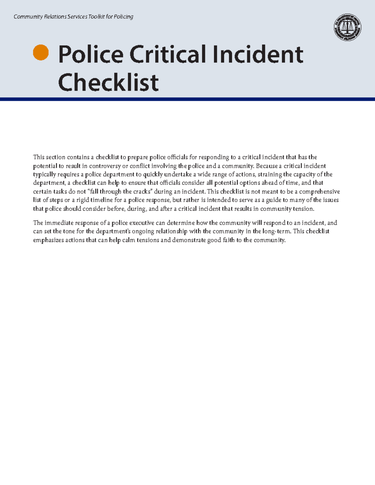 Police Critical Incident Checklist - Police Critical Incident Checklist ...