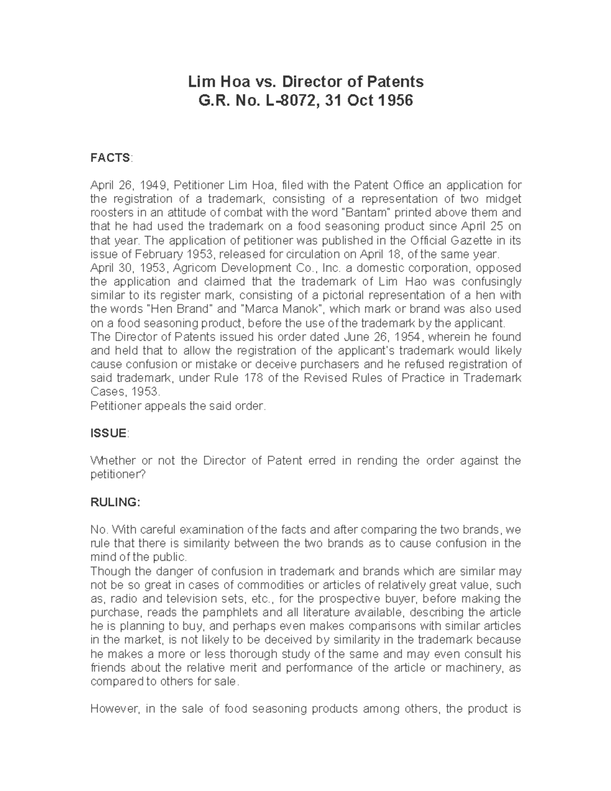 112. Lim Hoa vs Director of Patents - Lim Hoa vs. Director of Patents G ...