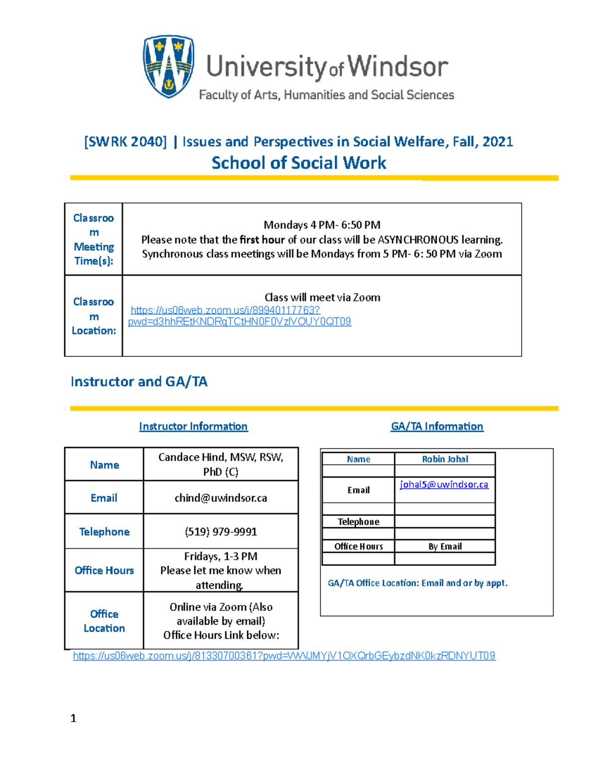 Syllabus- SWRK 2040- F2021 - [SWRK 2040] | Issues and Perspectives in ...