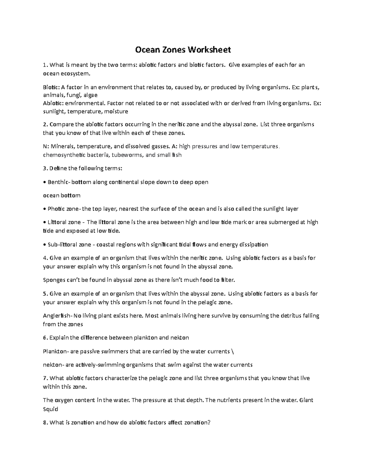 Ocean Zones Worksheet - Ocean Zones Worksheet What is meant by the two ...