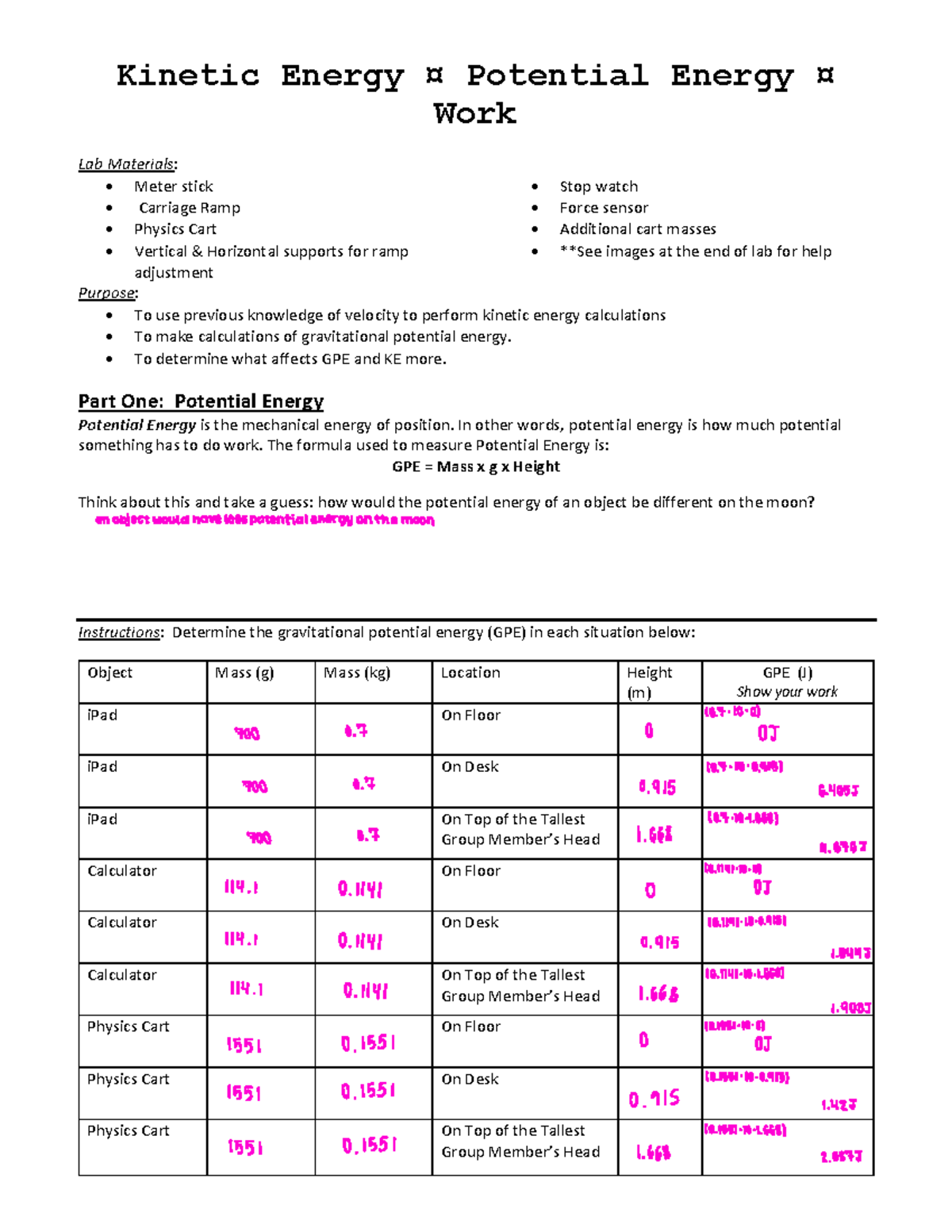 Kinetic+Potential+Work+Lab+Activity - Kinetic Energy ¤ Potential Energy ...