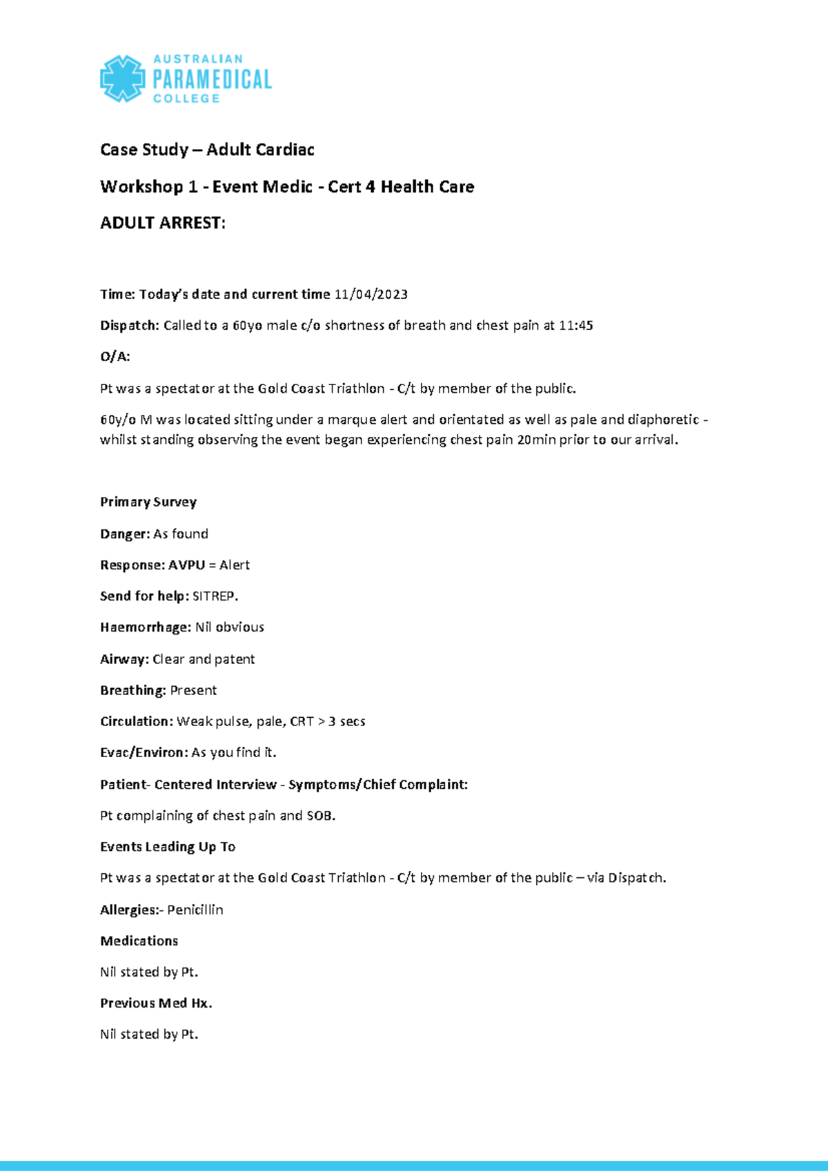 Case Study - Cardiac - good - Case Study – Adult Cardiac Workshop 1 ...