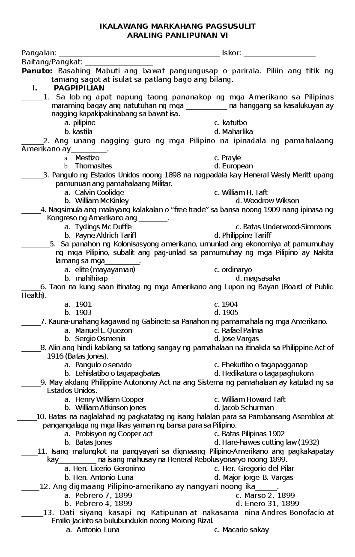 Ap 6 exam q2 - EXAM ON AP6 - IKALAWANG MARKAHANG PAGSUSULIT ARALING PANLIPUNAN VI Pangalan ...