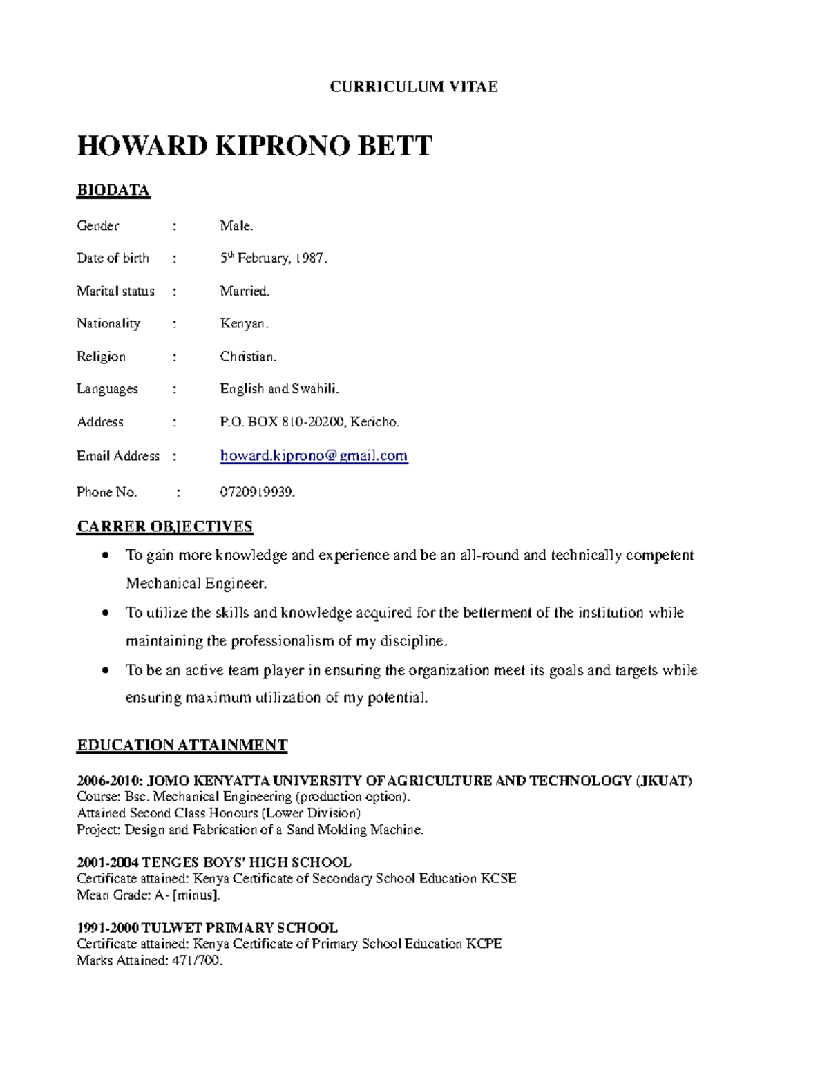 Howard Kiprono CV - notes - CURRICULUM VITAE HOWARD KIPRONO BETT ...