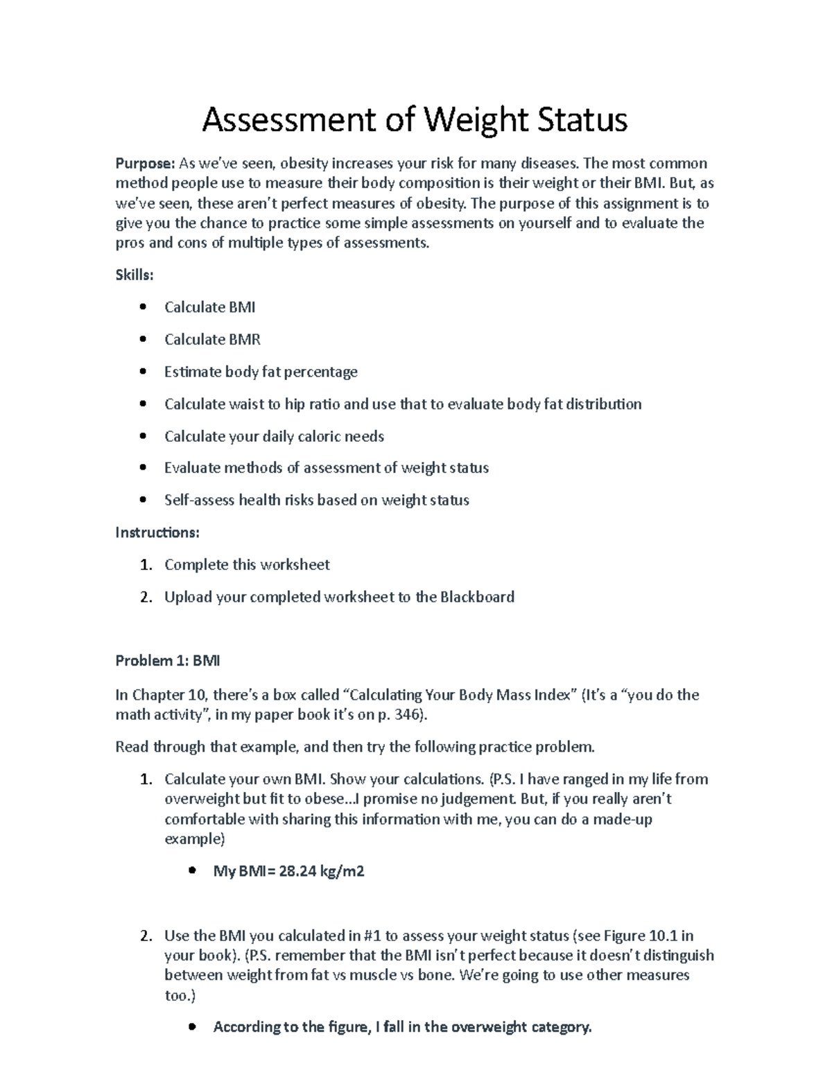 Weight Assessment-K - Assignment that had to be completed and submitted ...