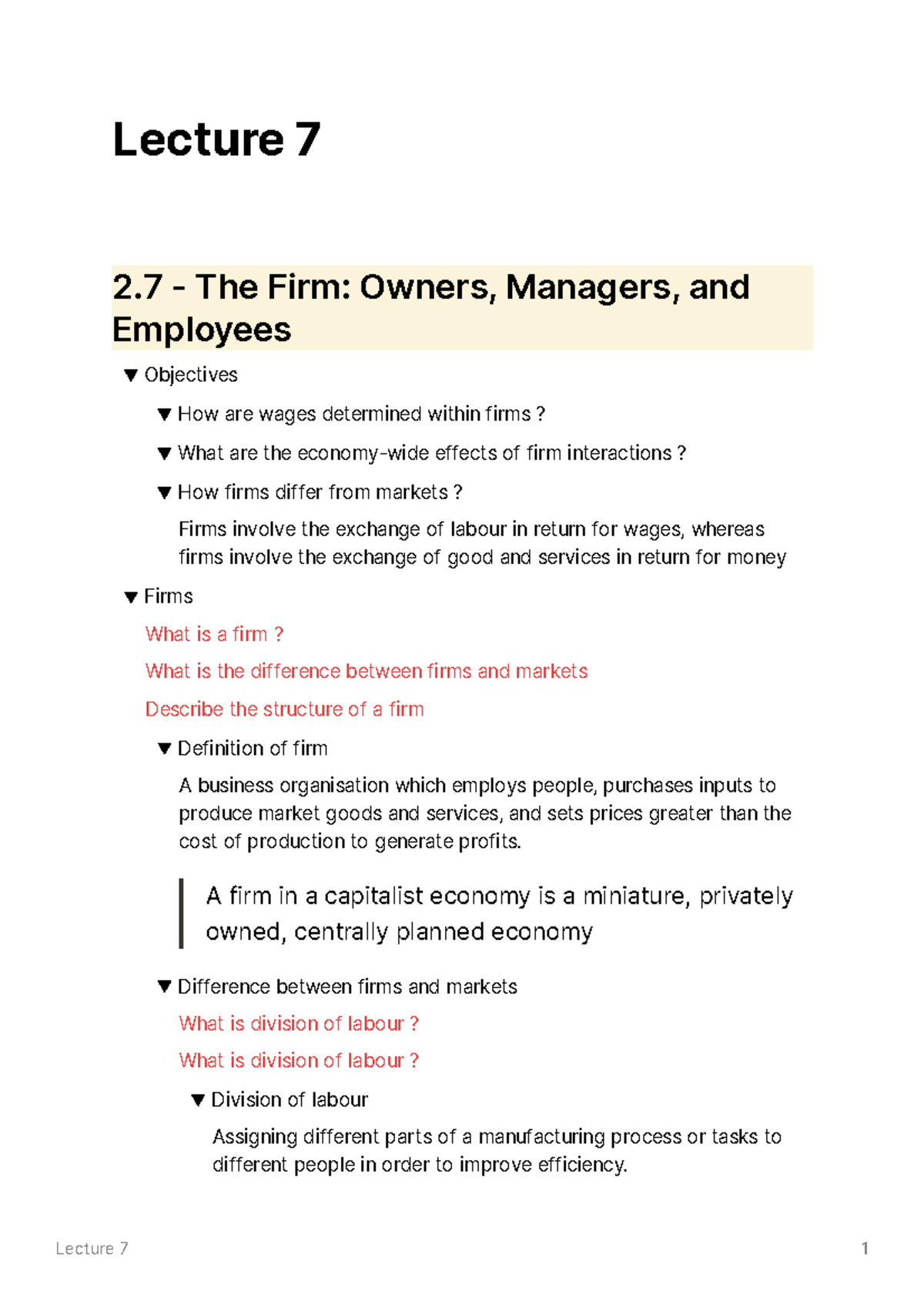 Lecture 7 - Principles of Economics 1 notes - Lecture 7 2 - The Firm ...