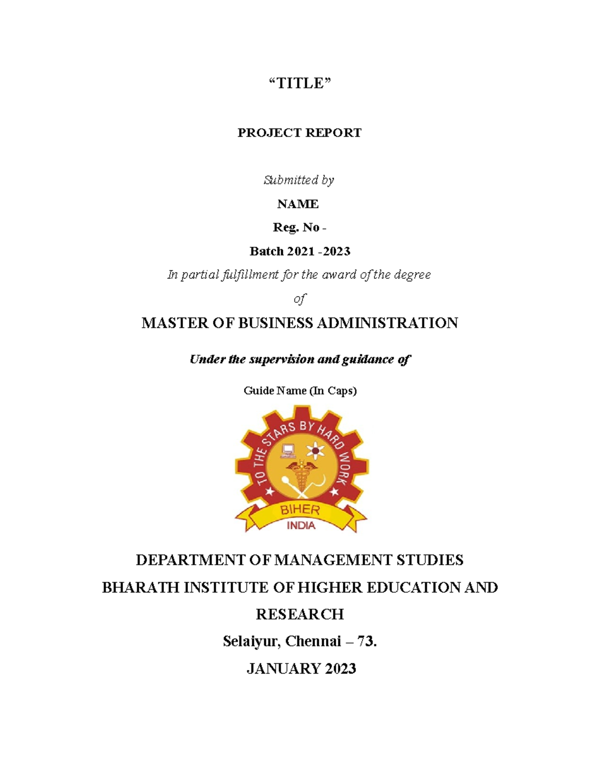 Project Front Pages New - “TITLE” PROJECT REPORT Submitted by NAME Reg. No - Batch 2021 - In ...