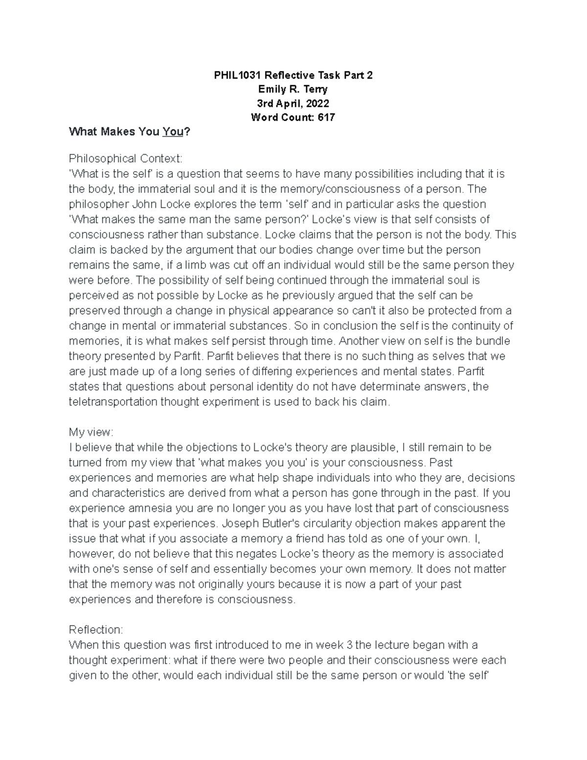 Reflective task part 2 - PHIL1031 Reflective Task Part 2 Emily R. Terry ...