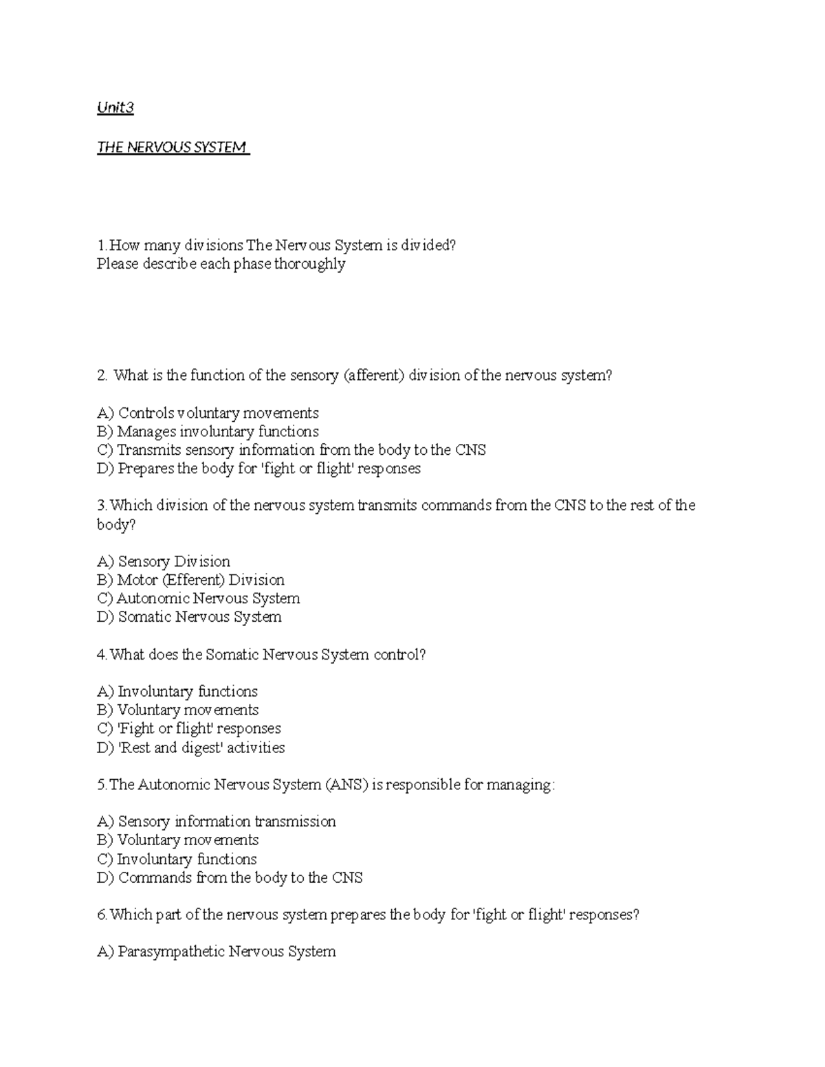 Homework UNIT 3 (1) - Test review - Unit THE NERVOUS SYSTEM 1 many ...