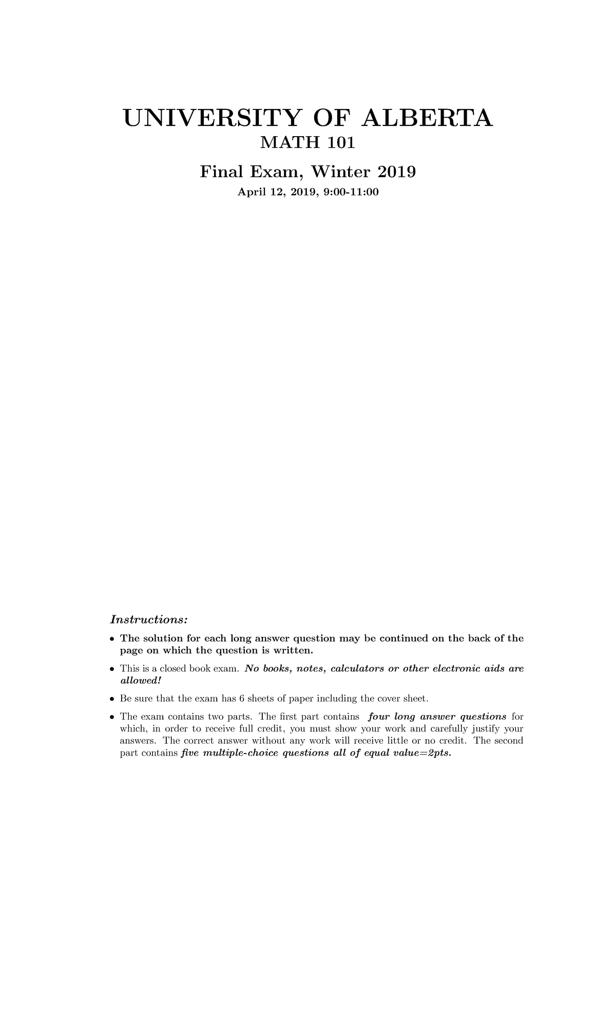 2019 Winter MATH101 Final Exam(v1) - UNIVERSITY OF ALBERTA MATH 101 ...