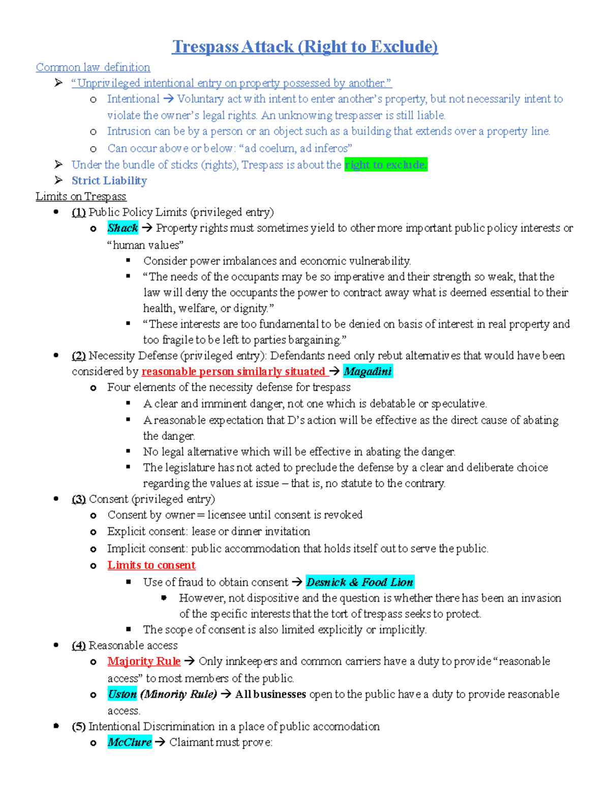 Property Attack Outline - Trespass Attack (Right to Exclude) Common law ...